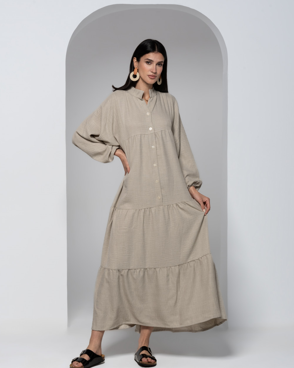 Light Beige linen Dress with Long Wide Sleeves