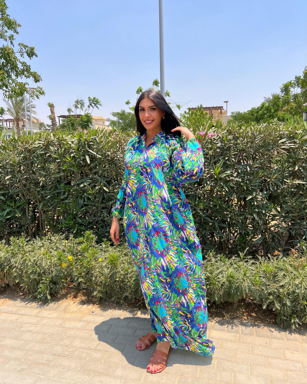 Long dress in brightly colored patterns