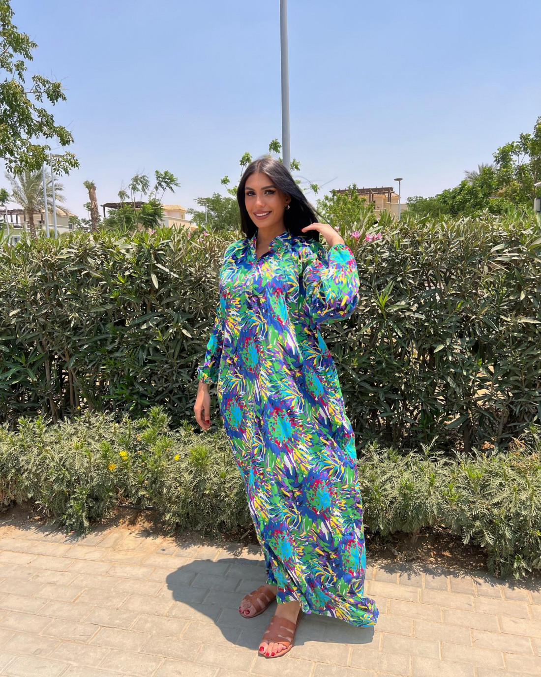 Long dress in brightly colored patterns