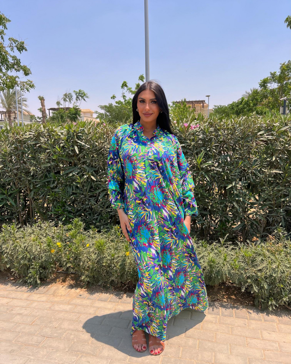 Long dress in brightly colored patterns